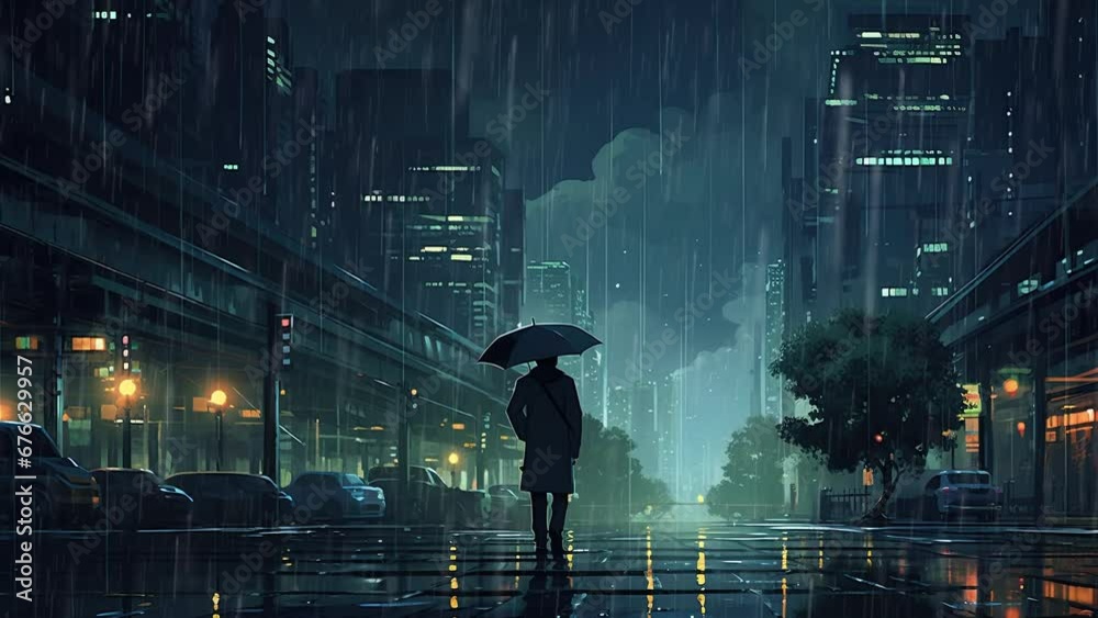 Seamless loop animation. people, Boy. Standing Rainy Night City Holding ...