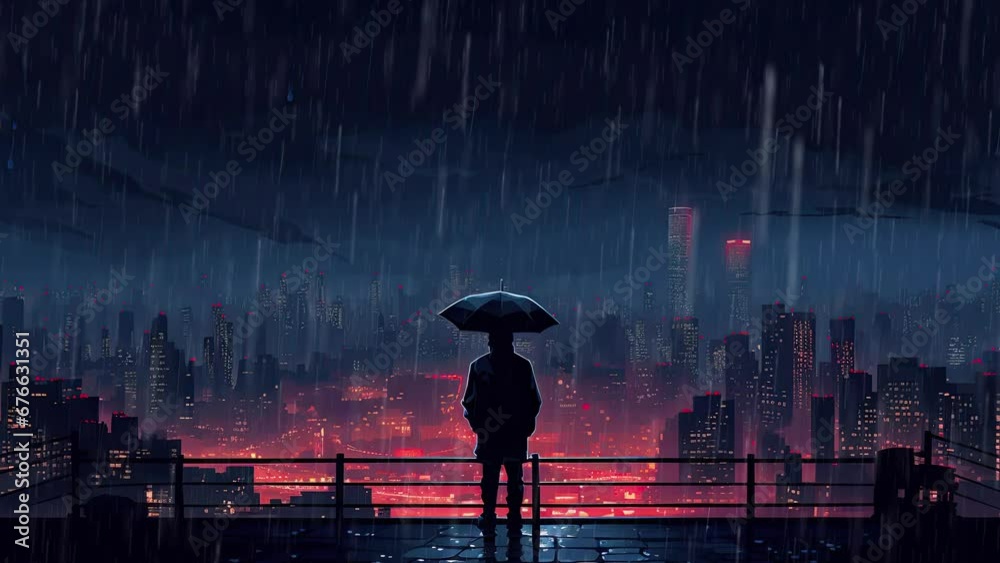 Seamless loop animation. people, Boy. Standing Rainy Night City Holding ...