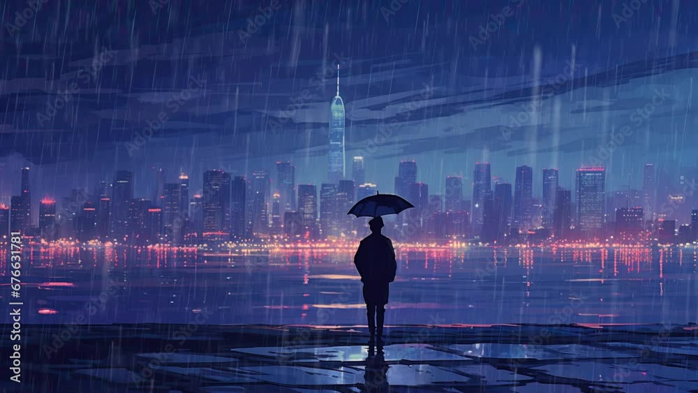 Seamless loop animation. people, Boy. Standing Rainy Night City Holding ...