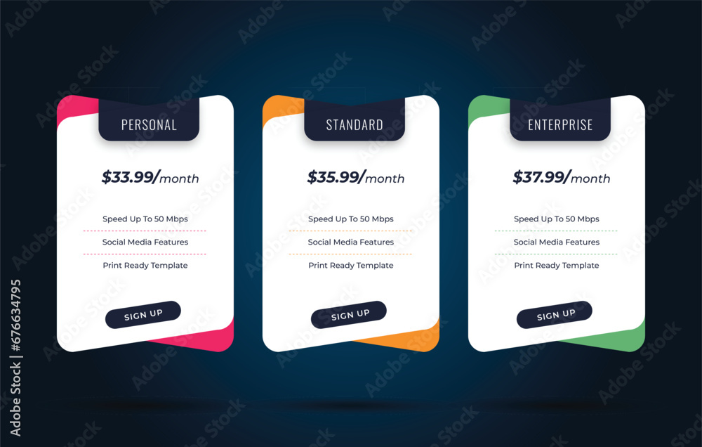 Modern pricing table design with colorful subscription plans, Hosting ...