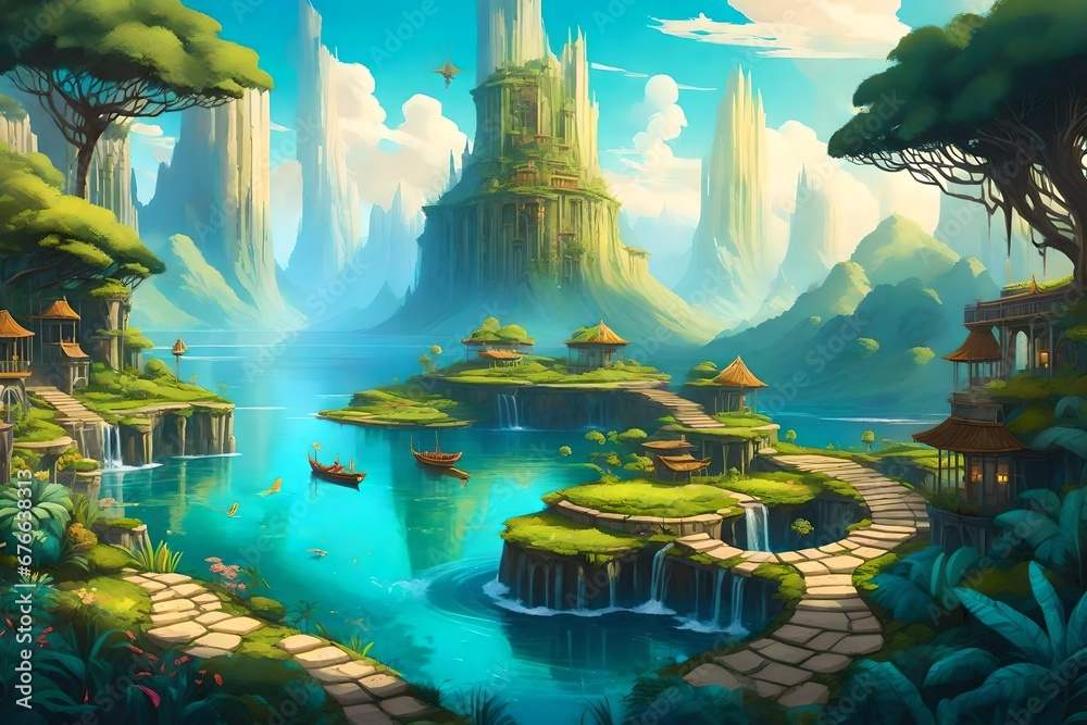 A gaming background illustration set in a mythical realm, floating ...