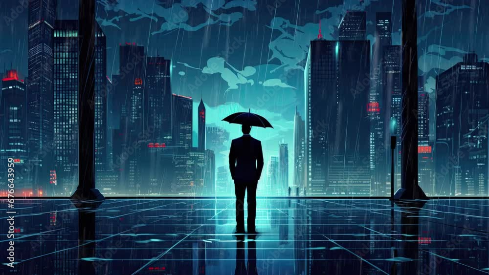 Seamless loop animation. people, Security Guard. Standing Rainy Night ...
