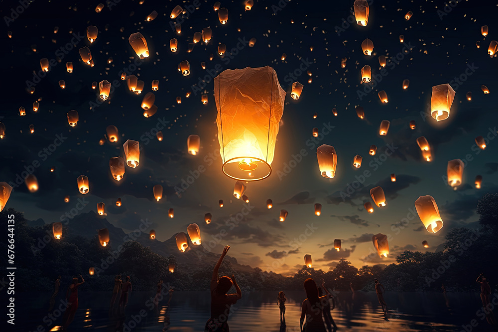 Floating Lantern with Flame in the Night Sky. Beautiful Sky Lanterns ...