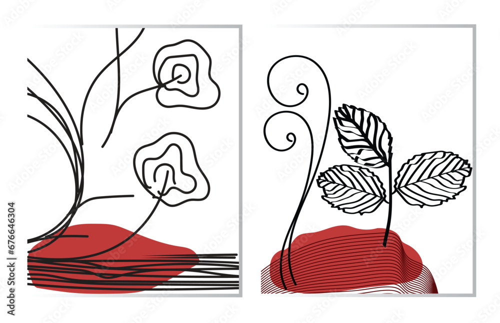 Botanical wall art vector set. Line art drawing with abstract shape ...