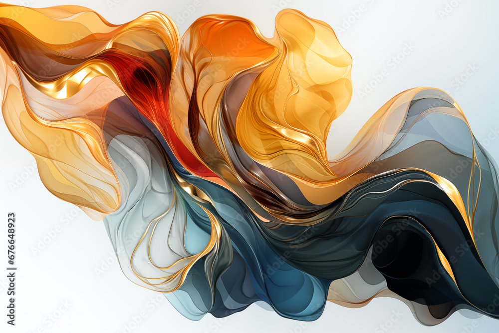 Abstract gold flaming wave with blue, red, yellow textured flowing fire ...