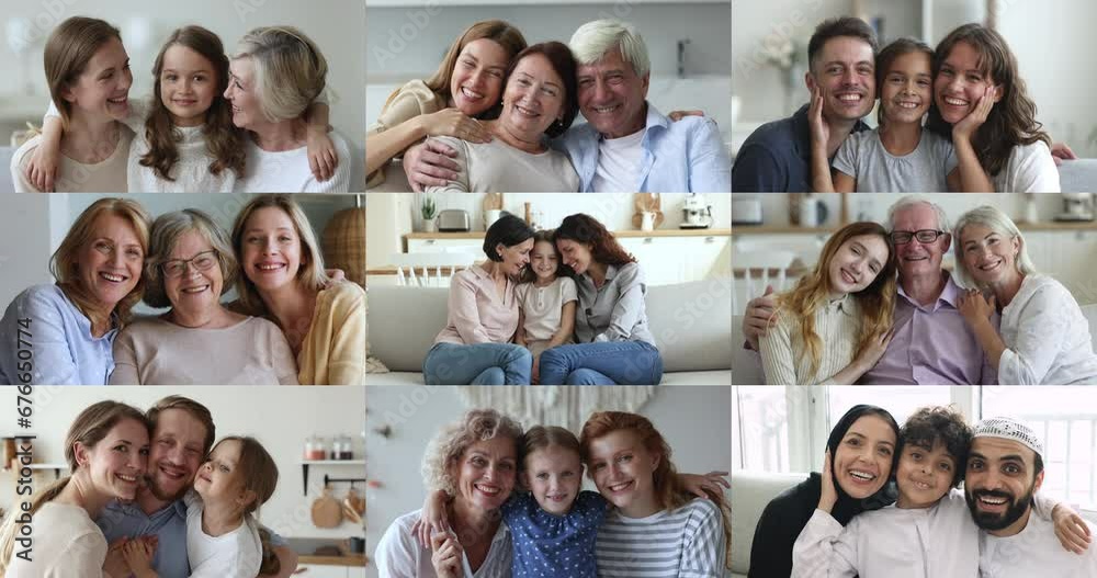 Collage of cheerful multi-generational people sit on sofa, hugging ...