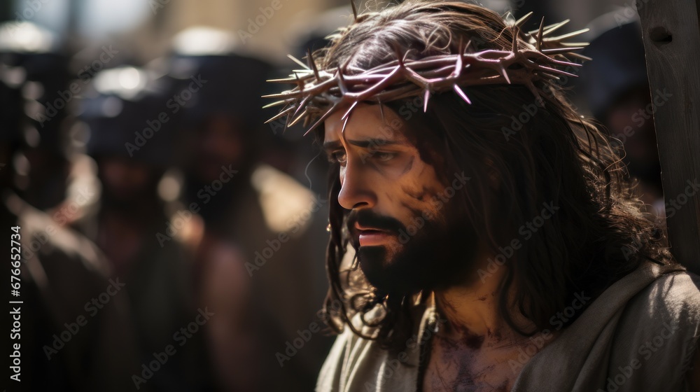 Jesus experiences pain while wearing crown of thorns. Jesus led to ...