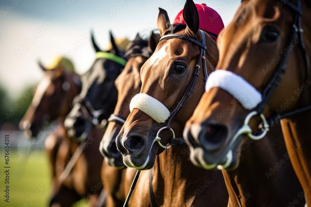 Horse riders compete on horse races for winner place of fastest rider ...