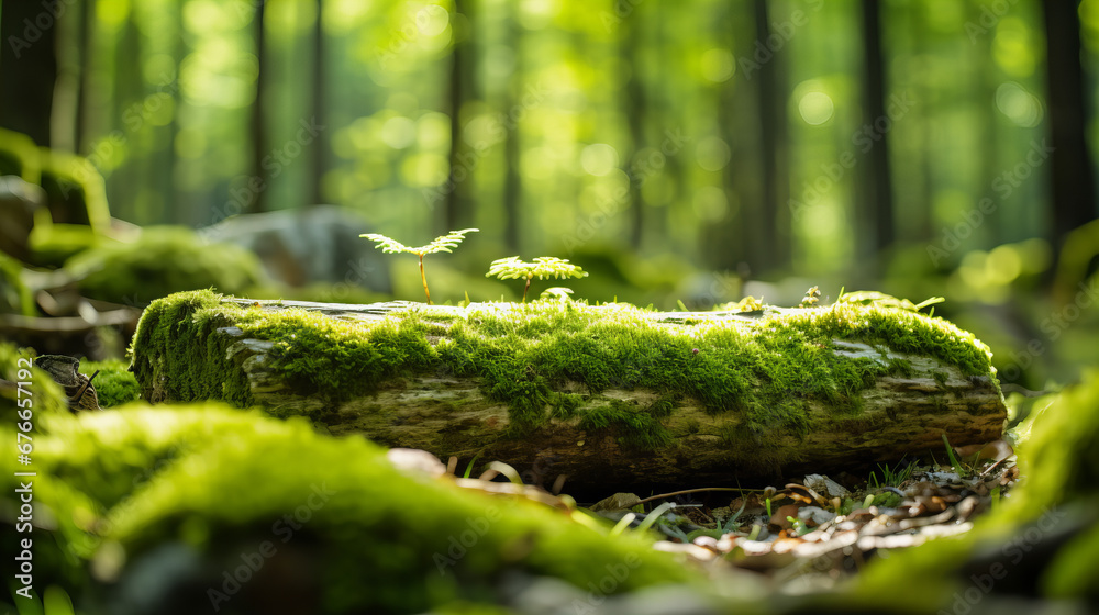 Moss on the tree, stone covered with green moss in the forest ...