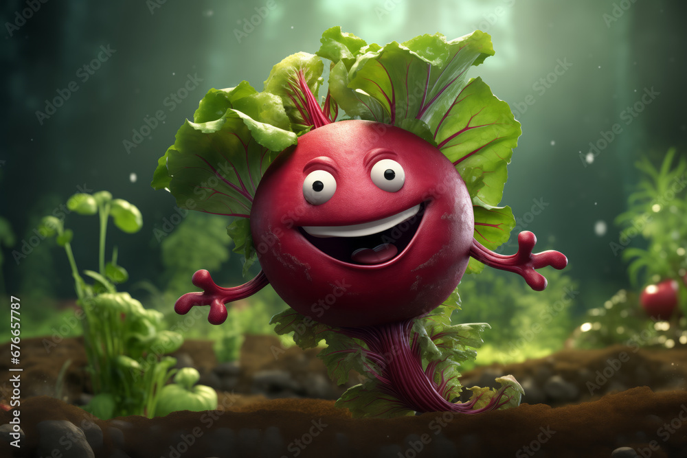 Cheerful lively red beetroot with a smile on his face in the vegetable ...