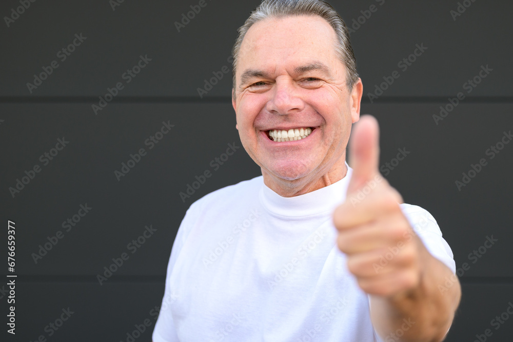 Smiling mature man showing his new teeth and giving a thumbs up gesture ...