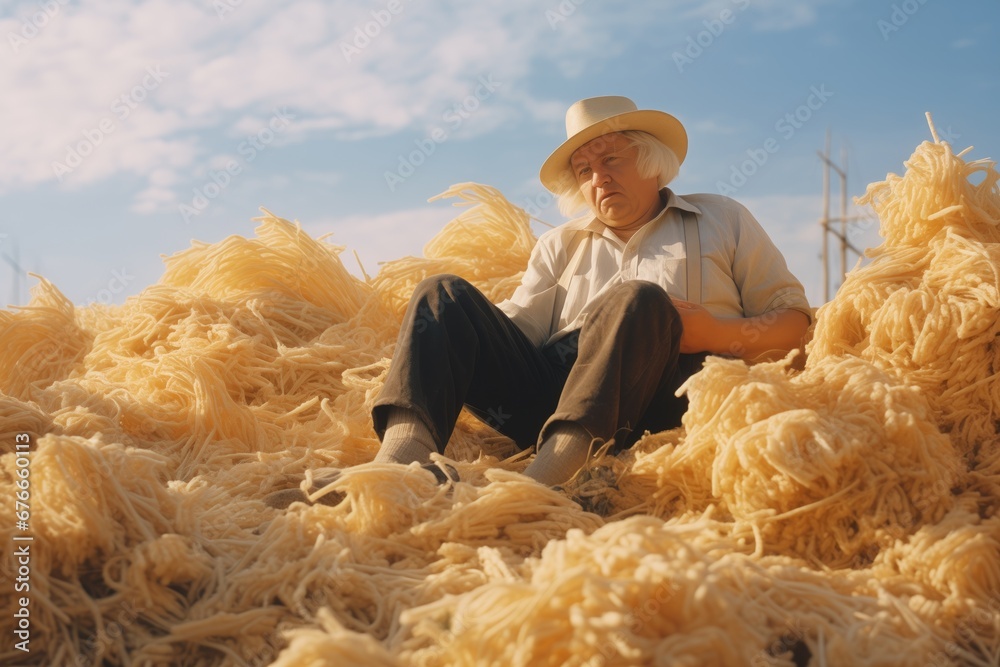 AI art. A meme template. Noodles. An old farmer sitting on the heap, a ...
