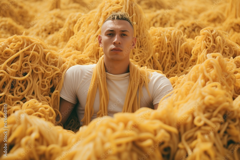 A meme template. Noodles. A stocky guy sitting in the noodles. A ...