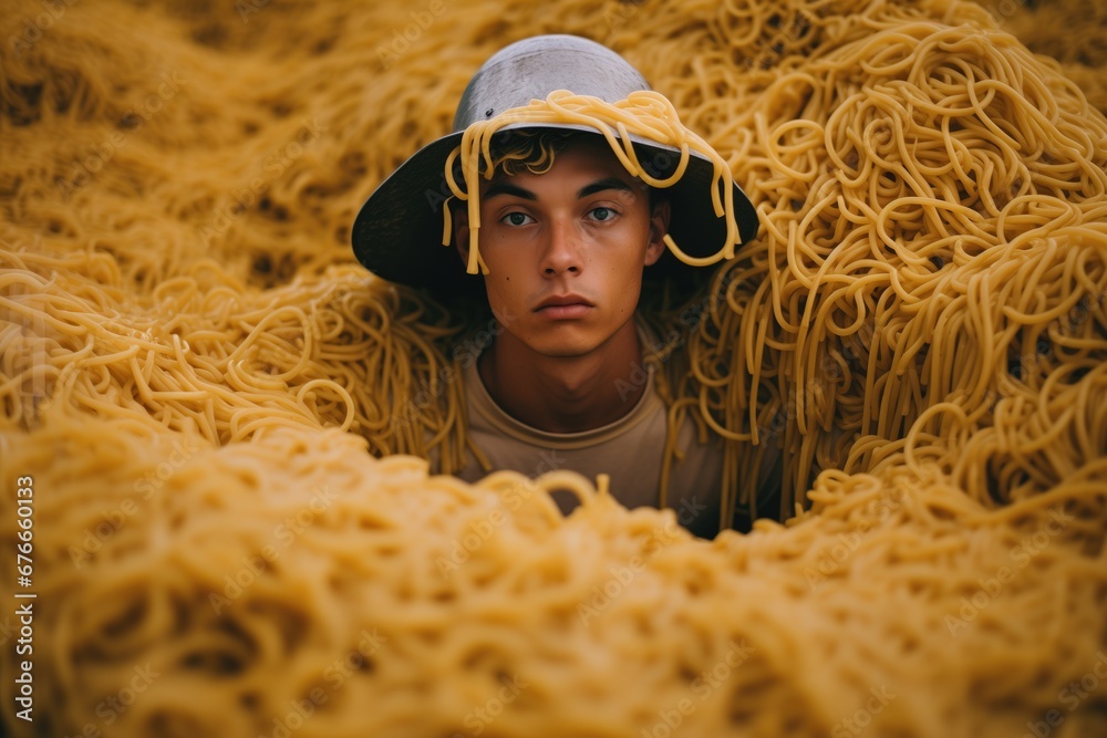 A meme template. Noodles. A young guy wearing a hat emerging from the ...