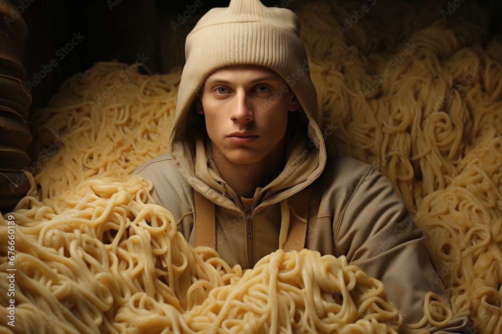 A meme template. Noodles. A young handsome man wearing a knitted hat, a ...
