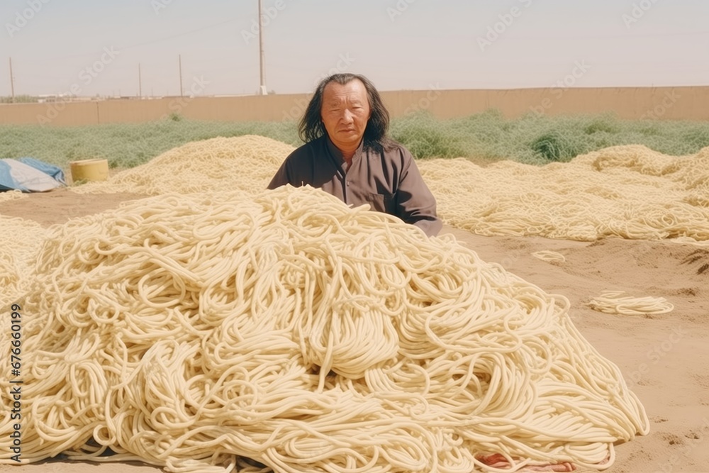 AI art. A meme template. Noodles. A middle aged Asian farmer sitting in ...