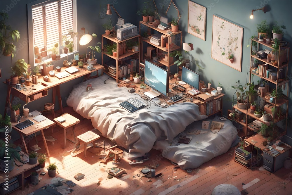 isometric messy nostalgic bedroom with a gaming pc, windows, plants ...