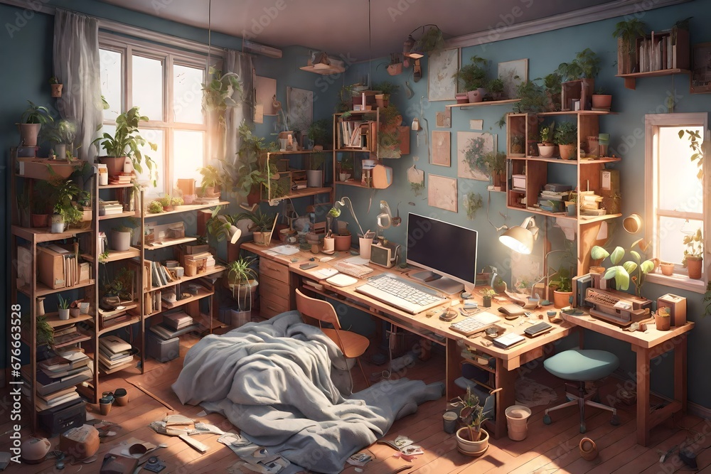 isometric messy nostalgic bedroom with a gaming pc, windows, plants ...