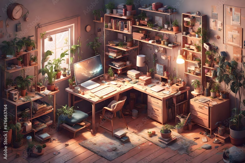 isometric messy nostalgic bedroom with a gaming pc, windows, plants ...
