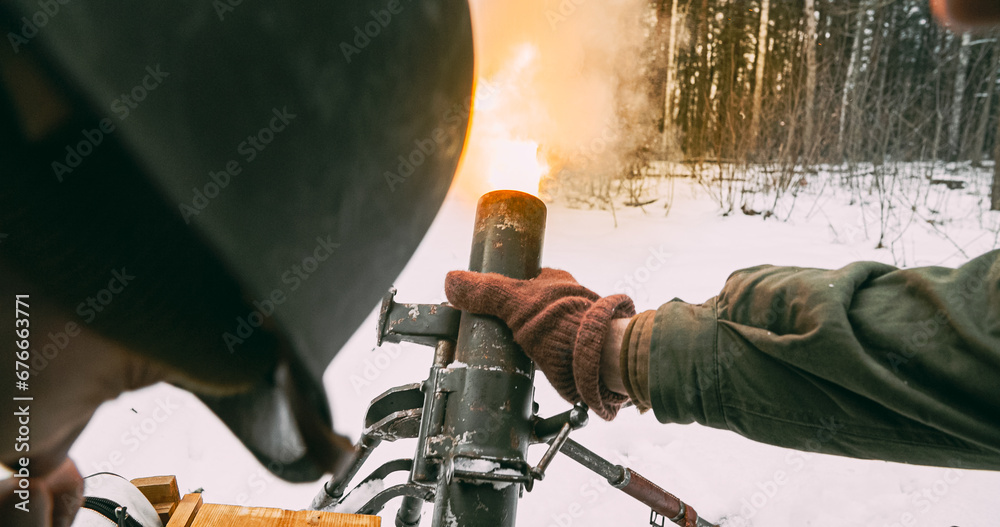 Mortar Shooting Explosions Forest. Close-up View On Re-enactors Dressed ...