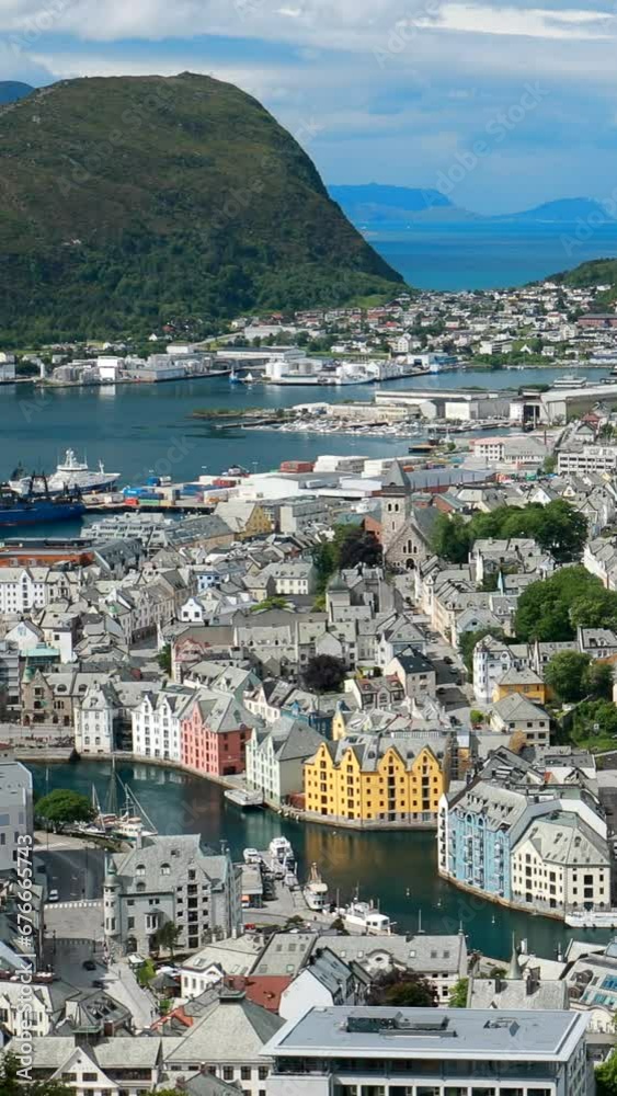 Alesund, Norway. Alesund Skyline Cityscape. Historical Center In Sunny ...