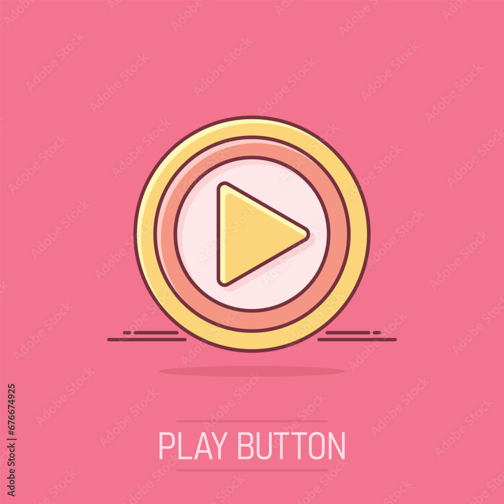 Cartoon play button icon in comic Start illustration pictogram. Click ...