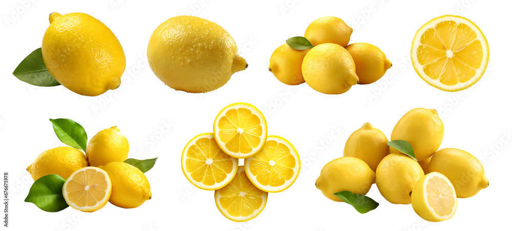 Yellow lemon lemons with leaf leaves, many angles and view side top ...