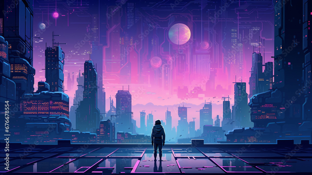 Pixel Art Adventure A Futuristic Cyberpunk Art Gallery Stock ...