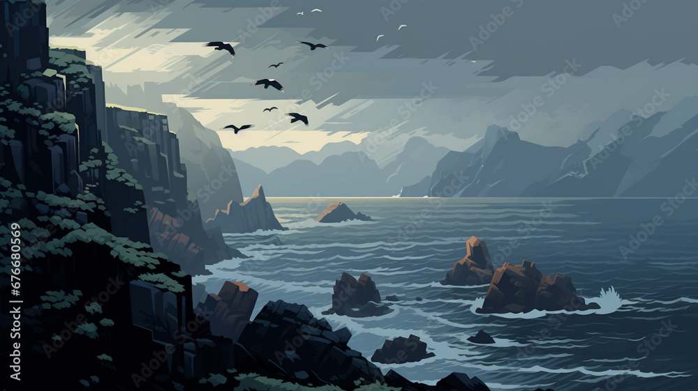 Pixel Art Landscape A Pixel Art Coastal Cliff Scene Stock-Illustration ...