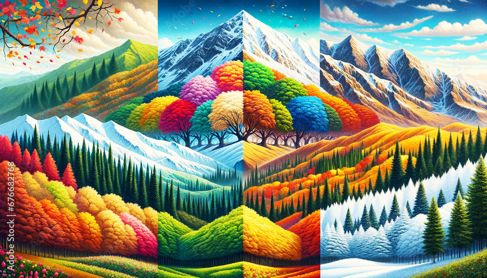 A digital collage that represents all four seasons in one scene. Divide ...