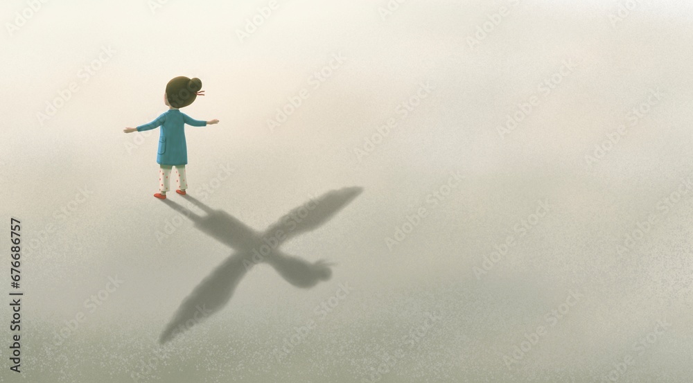 Freedom, hope and dream concept art. A girl with flying shadow. surreal ...