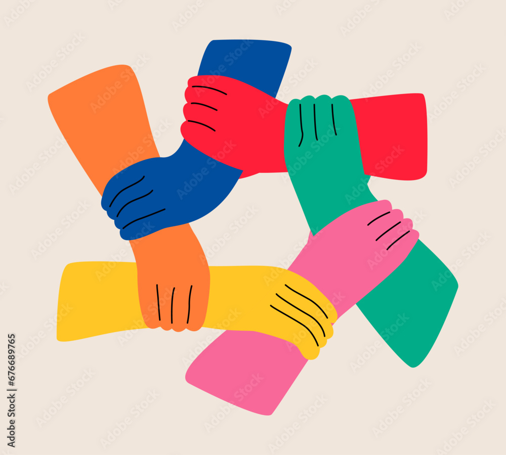 Vetor de Team work concept. Six hands connection. Colorful vector ...