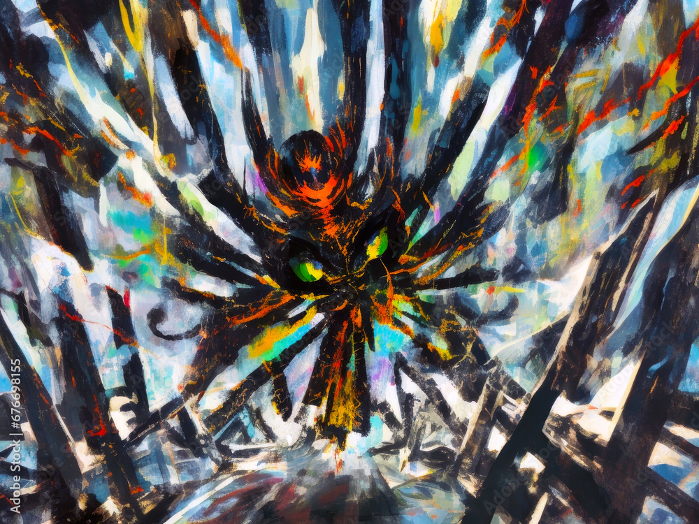 Art horror abstract poster of a creepy spider-like creature on a web ...