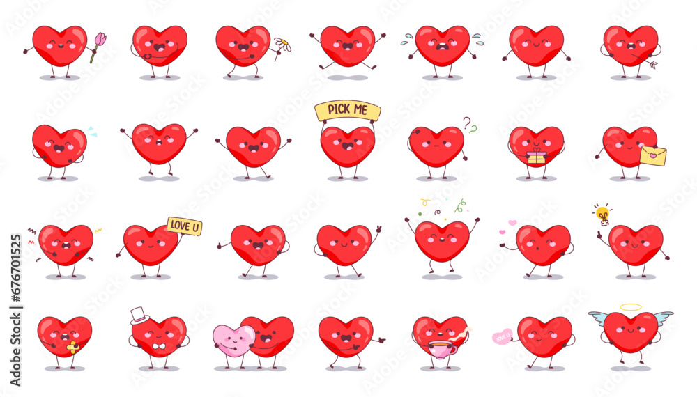 Cartoon Hearts Sticker Set: Charming Cute Heart Characters in with ...