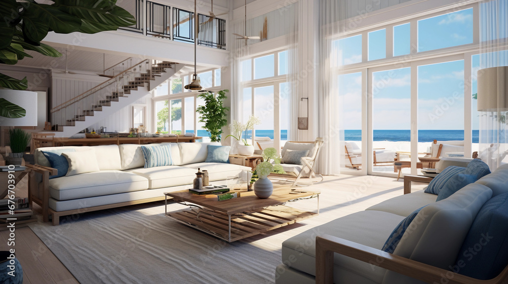 beautiful beach style interior design, blue white next to ocean ...