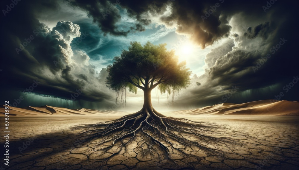 Powerful image of a single tree standing tall in a barren landscape ...