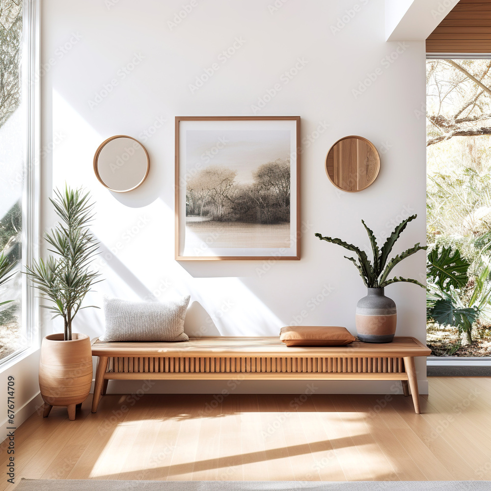Wooden bench against white wall with poster frame. Ethnic farmhouse ...