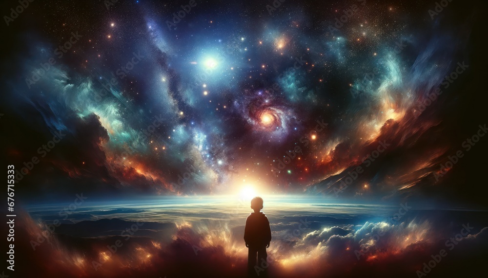 Profound image of a child gazing in awe at a vibrant night sky, with ...
