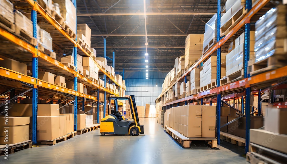 Inside of a warehouse with boxes and a forelift truck, transport ...