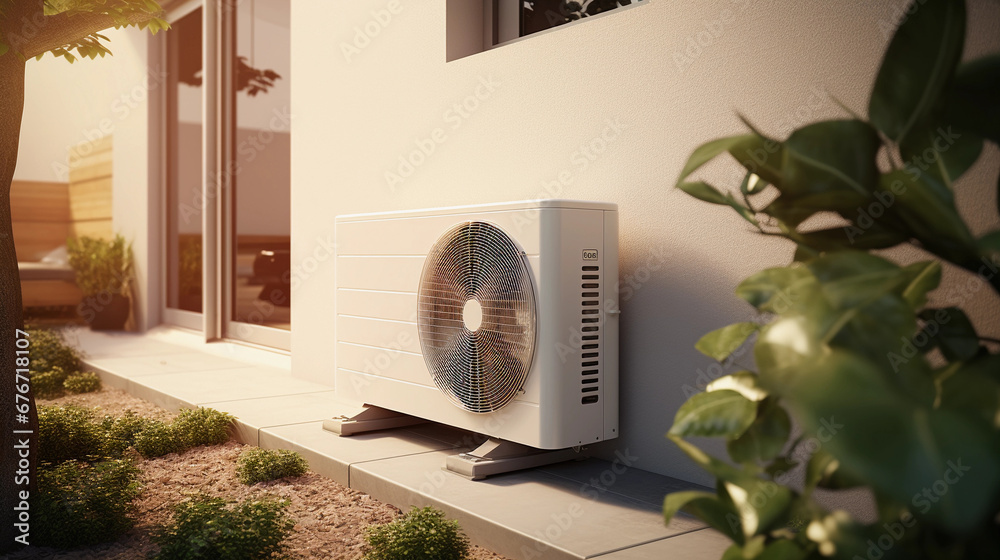 futuristic air conditioning installed outside of modern house, heat ...