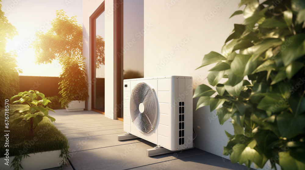 futuristic air conditioning installed outside of modern house, heat ...