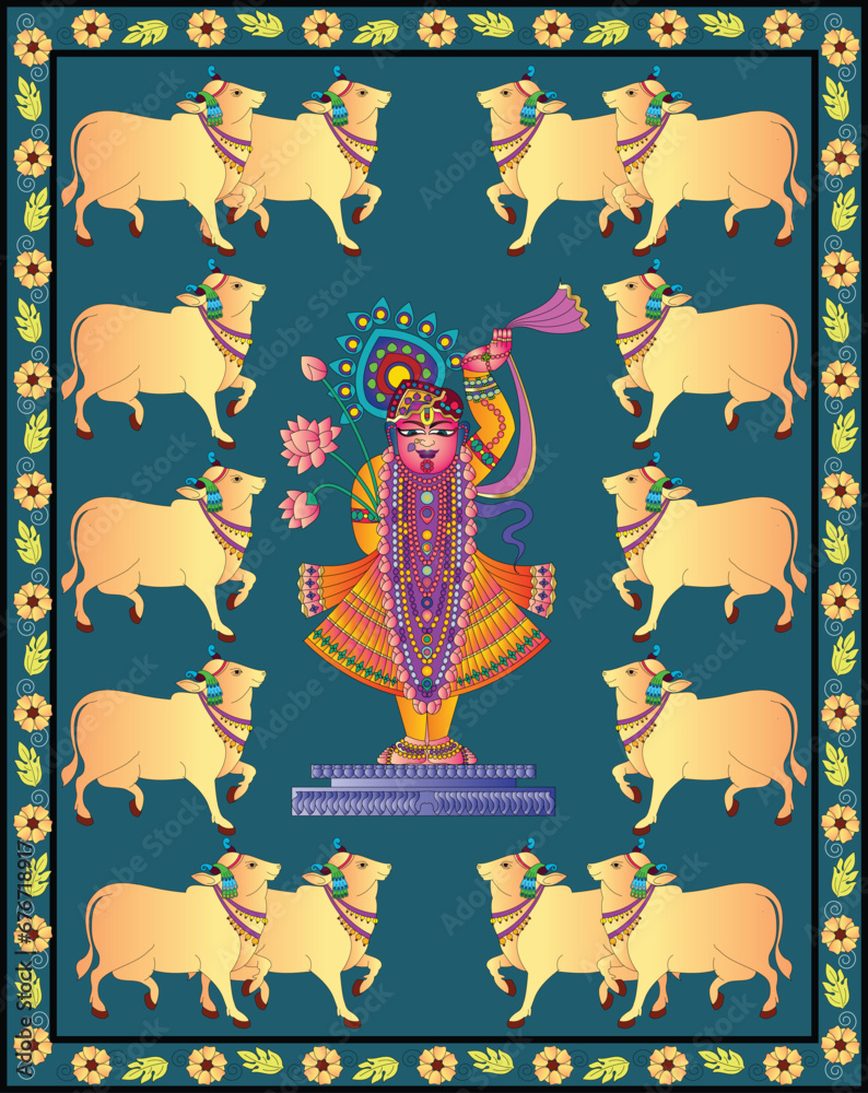 Shrinathji, Jagannath, or Lord Krishna with cows, in Indian folk ...