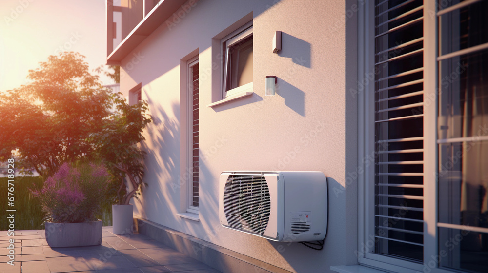 futuristic air conditioning installed outside of modern house, heat ...