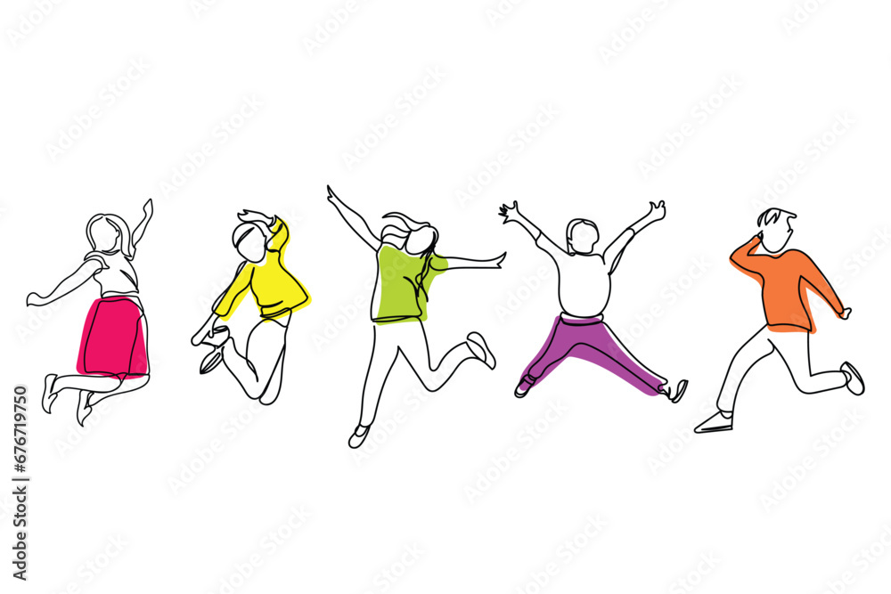 line art drawing of excited preteen kids. Adolescents jumping out of ...