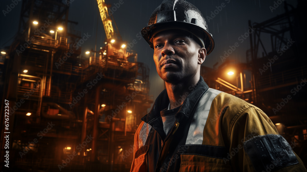 Portrait of the confident oilman worker on Oil rig platform. Power ...