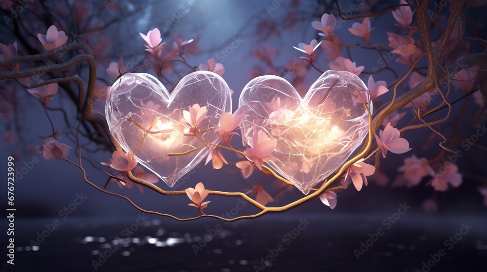 Charming hearts woven from flowers and branches merge in enchanting ...