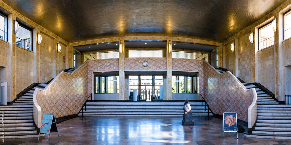 Frankfurt, Germany - Aug. 18, 2023: Lobby and double staircase of the ...