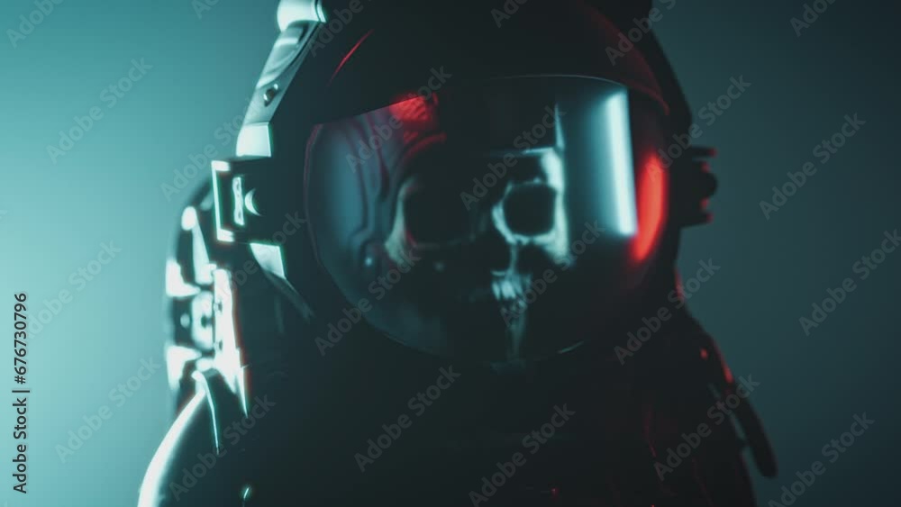 Dead astronaut.Blue lit human skull in the helmet of a space suit.Scifi ...