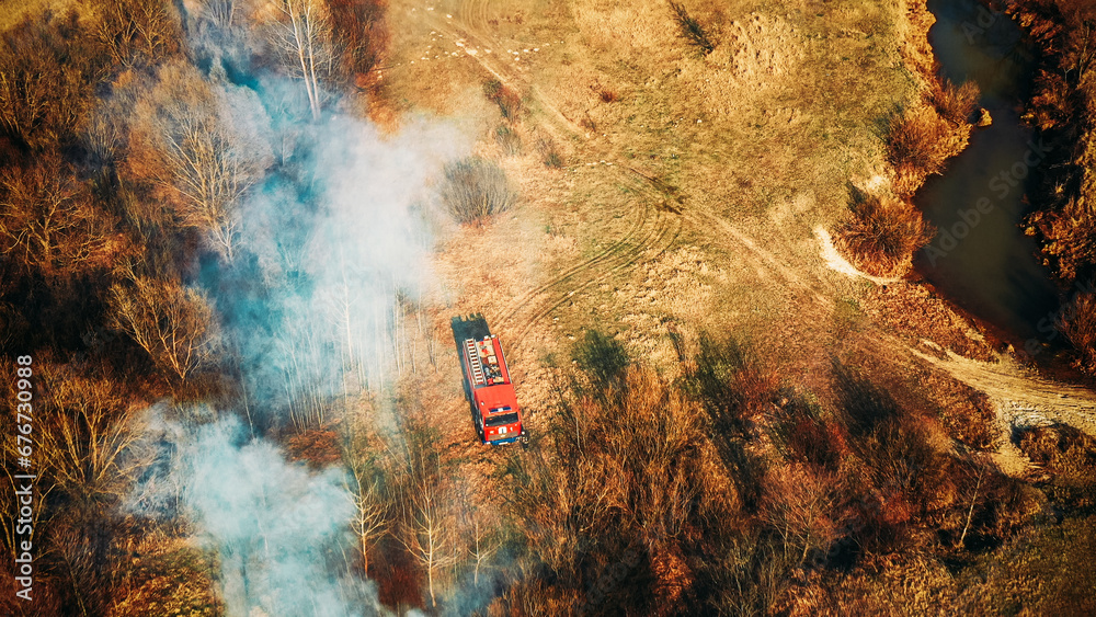 Aerial View. Spring Dry Grass Burns During Drought Hot Weather. Bush ...