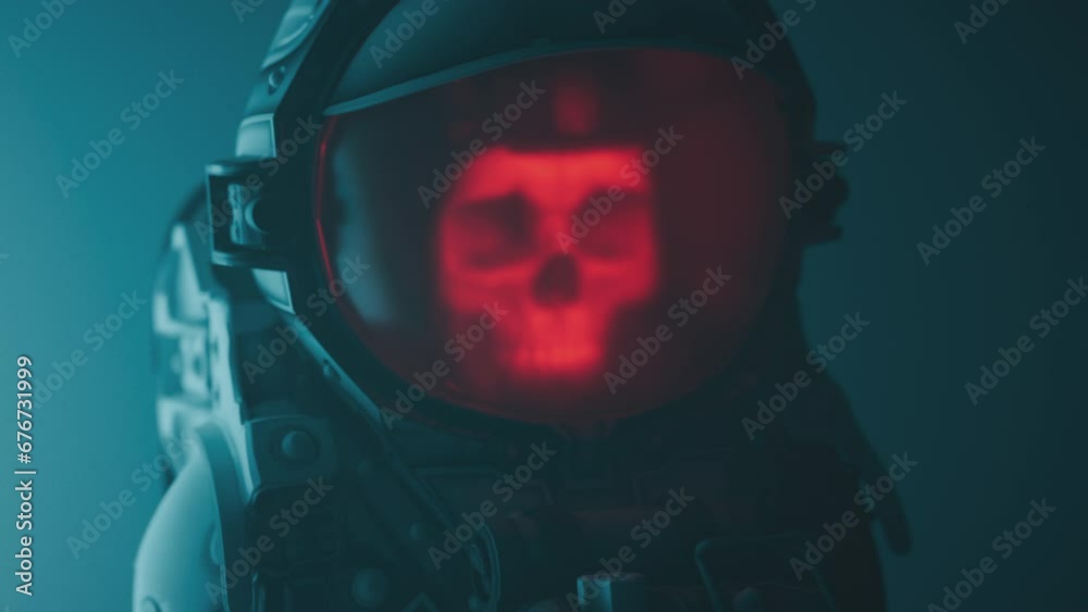 Dead astronaut.Red lit human skull in the helmet of a space suit.Scifi ...